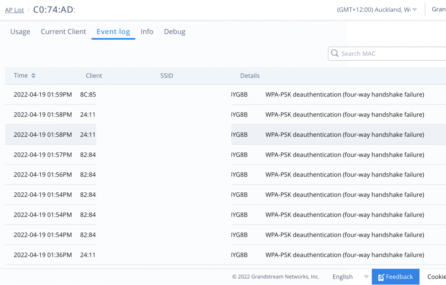 Granstream Access Point Event log: WPA-PSK deauthentication