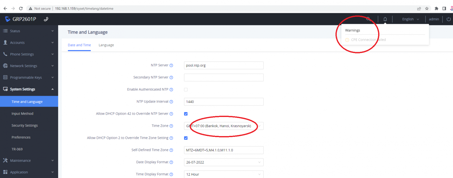'CPE Connection Failed' Warning Grandstream IP Phone UC PBX